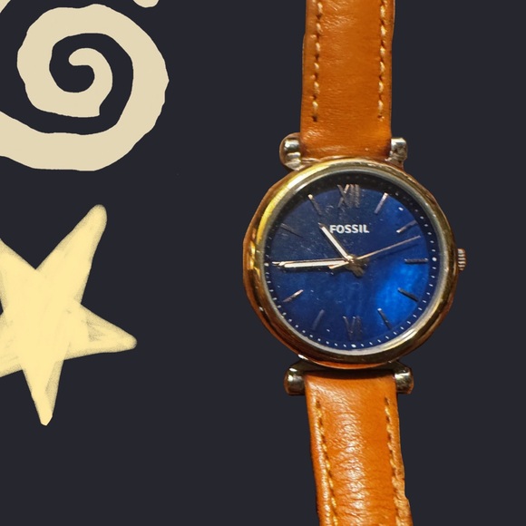 Fossil | Jewelry | Fossil Es47 Carlie Mini Threehand Tan Leather Blue ...